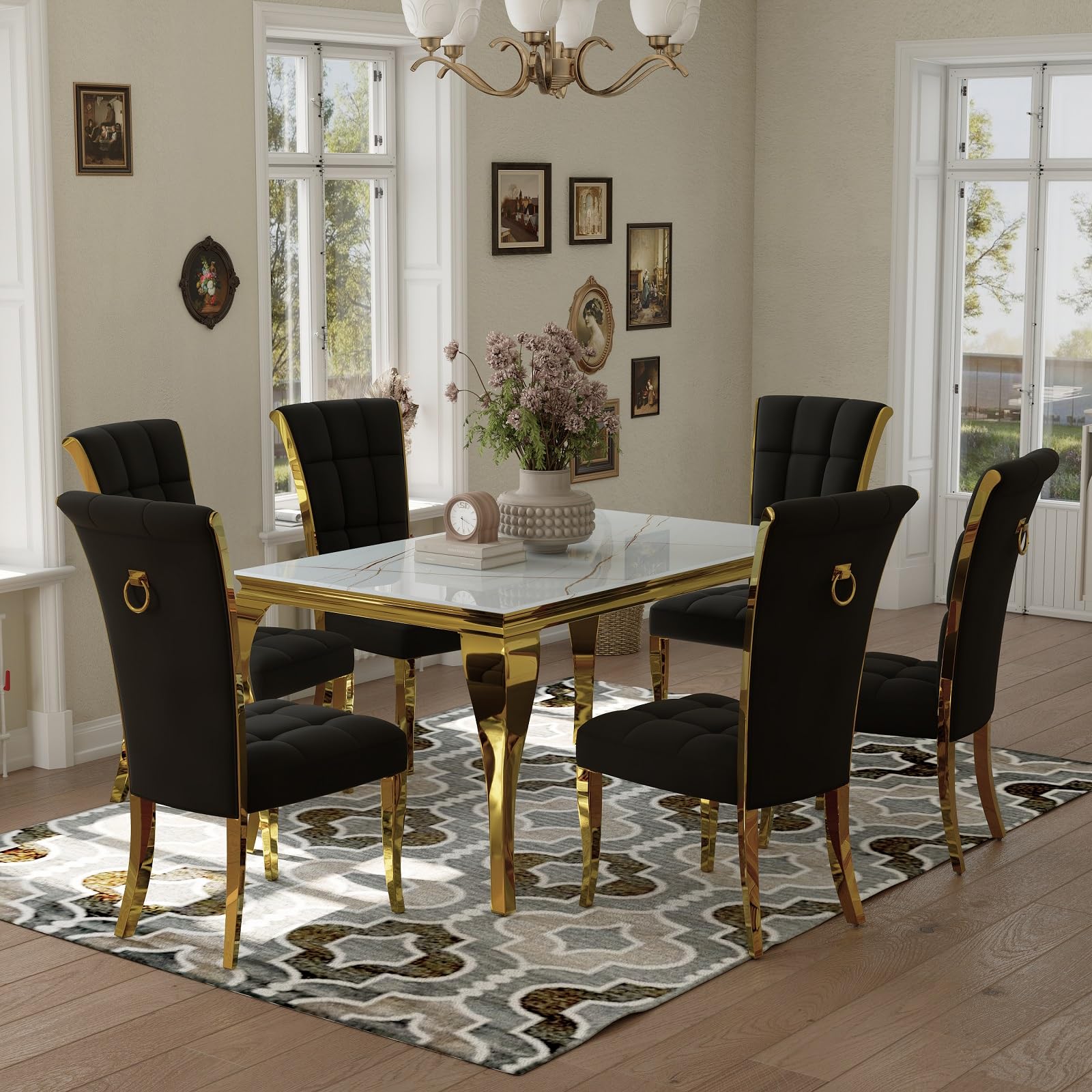 Asday Black and Gold Dining Chairs Set of 4, Black Velevt Upholstered Kitchen Chair with Metal Ring Pull, High Back Dining Chairs with Gold Stainless Steel Legs