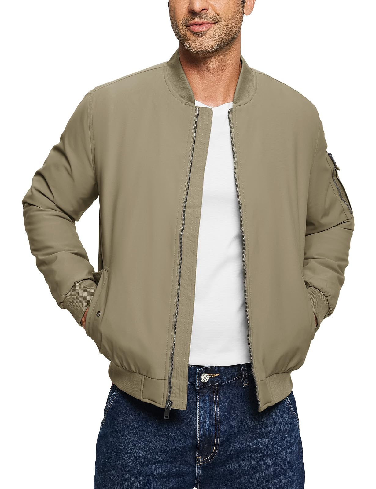 TBMPOY Men's Bomber Jacket Lightweight Winter Windbreaker Zip Up Padded Softshell Windproof Water-Resistant Casual Fall Coat Khaki L