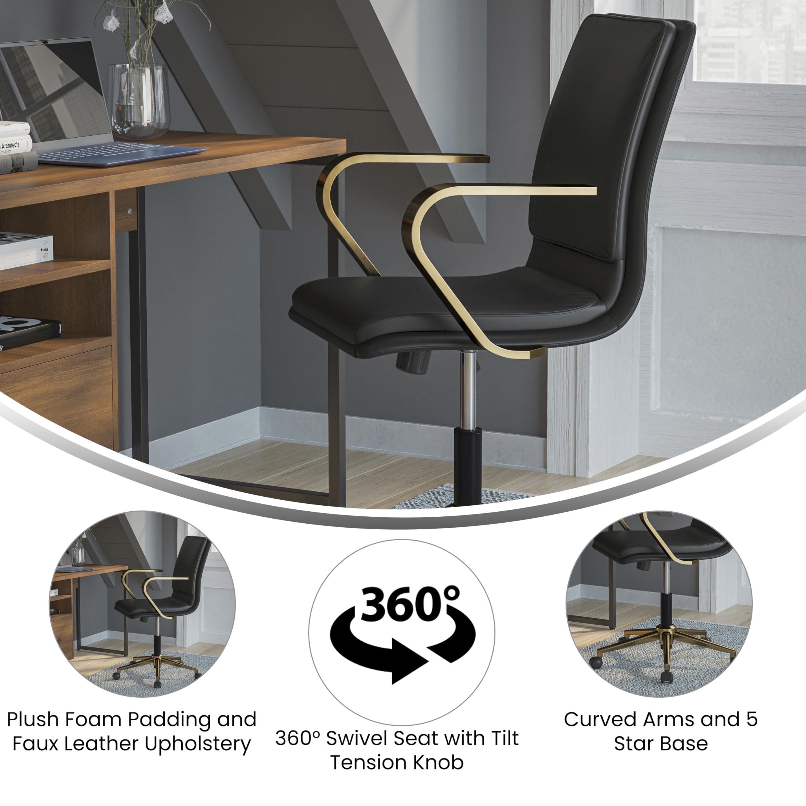 BizChair Mid-Back Designer Executive Office Chair - Black LeatherSoft Upholstery - Brushed Gold Base and Arms - Height Adjustable 360° Swivel Seat