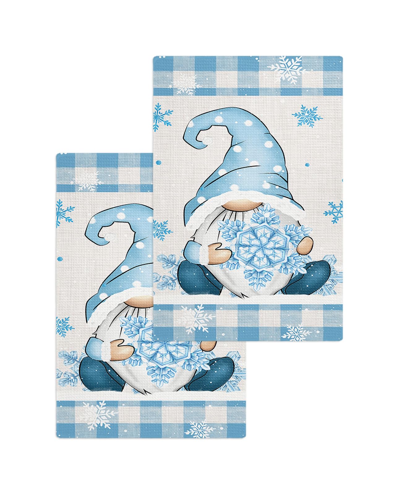 Blue Plaid Gnomes Winter Dish Towels Set, Waffle Weave Kitchen Towels Microfiber Towels Cleaning Christmas Snowflake Rustic Burlap Soft Absorbent Dish Drying Towels Hand Towels 2 Pack 15.7x23.6 In