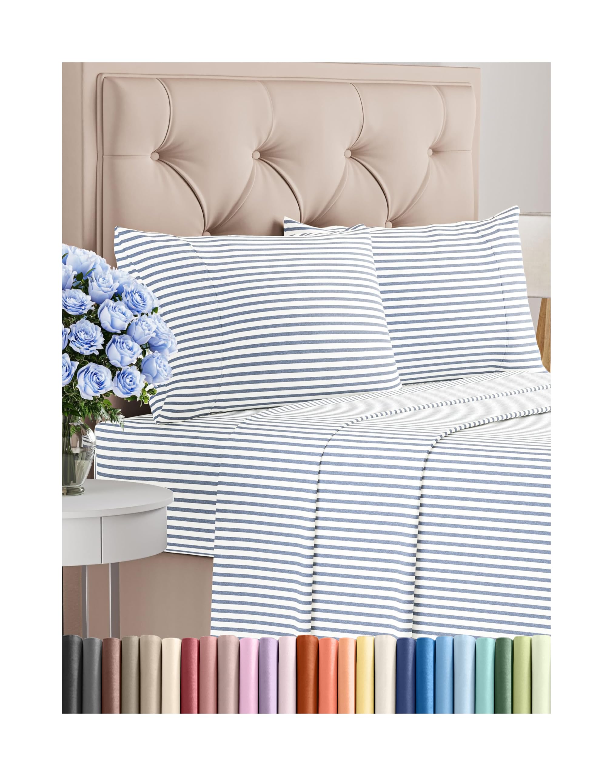 Queen Size 4 Piece Sheet Set - Breathable & Cooling Sheets - Hotel Luxury Bed Sheets for Women, Men, Kids & Teens - Deep Pockets, Easy-Fit, Wrinkle Free Sheets - Blue Stripes Oeko-Tex Bed Sheet Set