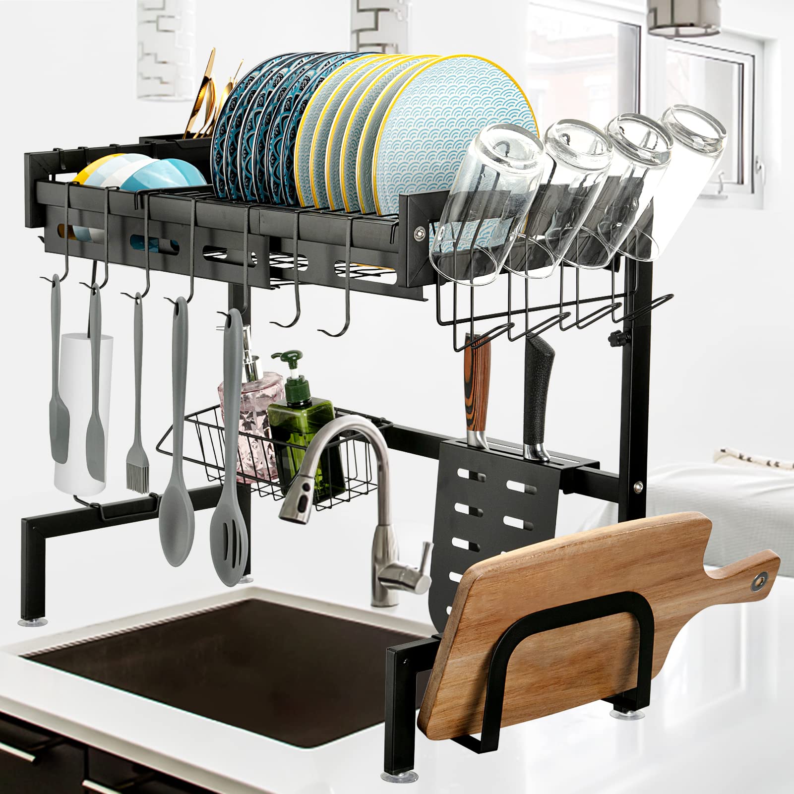G Model Draining Rack for Sink, Sturdy and Durable Stainless Steel, Retractable Draining Rack with Baked Enamel Coating for Storage Kitchen Counter Organization(Black)