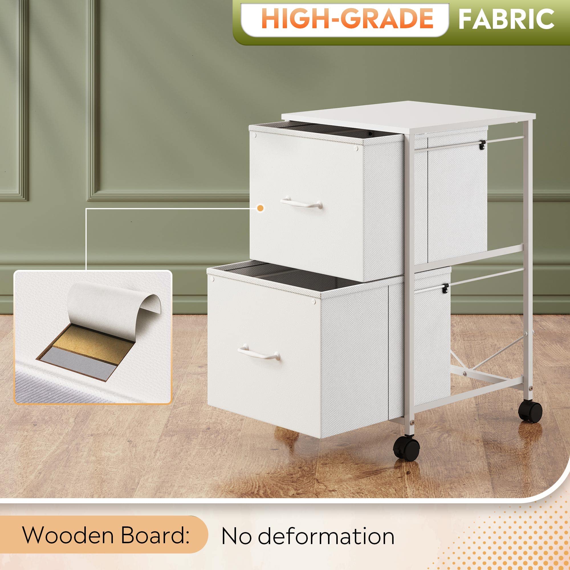 DEVAISE 2 Drawer Mobile File Cabinet, Rolling Printer Stand with Open Storage Shelf, Fabric Vertical Filing Cabinet fits A4 or Letter Size for Home Office, White