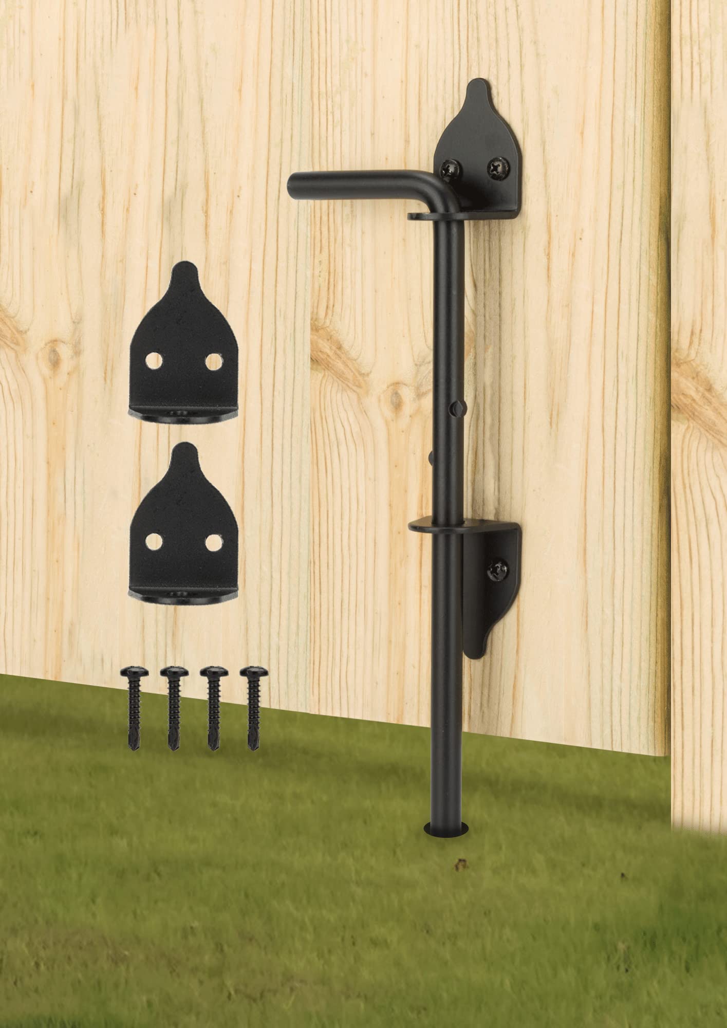12" Heavy Duty Cane Bolt Gate Drop Rod Hardware Ground Latch for Wood PVC Vinyl Metal Fences Gates, Double Doors, Black Solid Steel -1 Pack