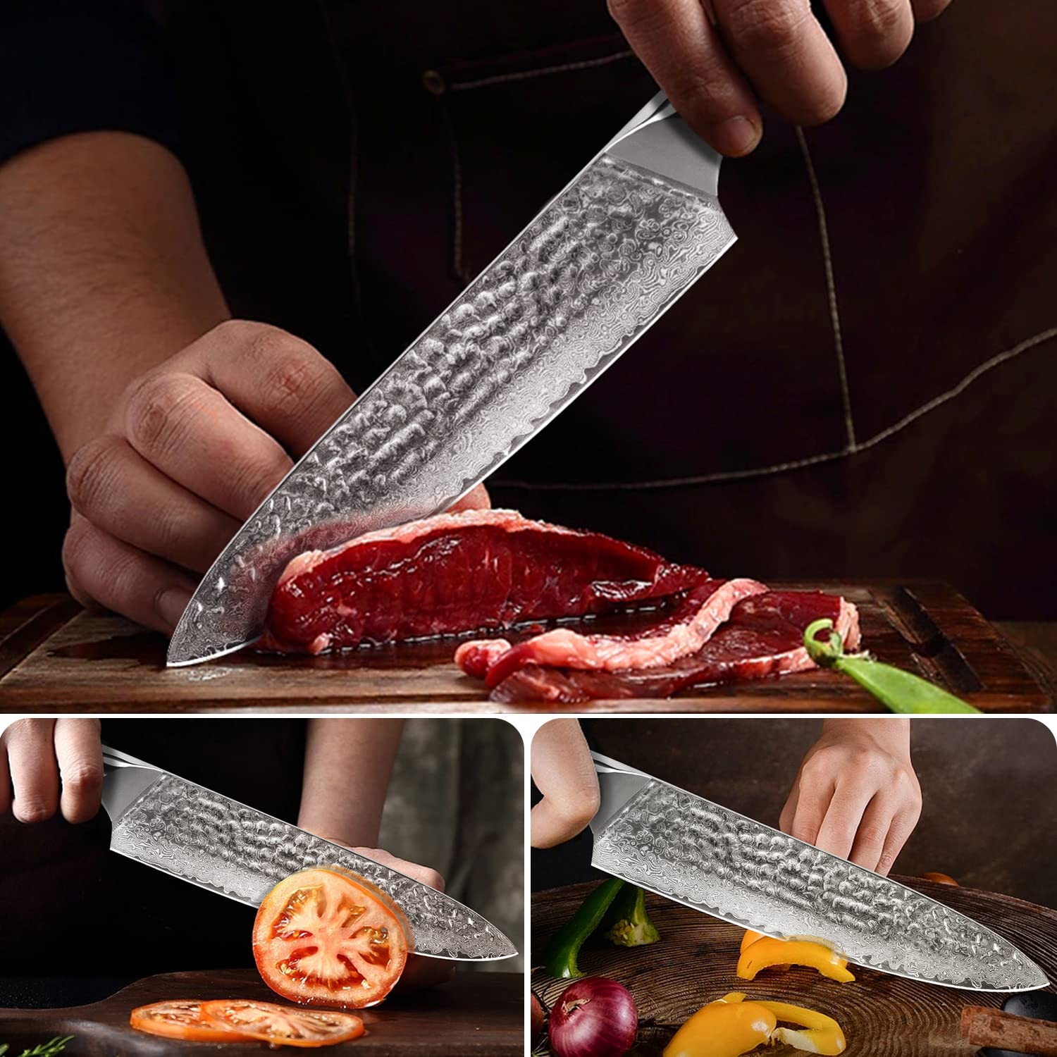 Chef Knife 8 Inch Damascus Kitchen Knife, Professional Japanese VG10 Damascus Steel Cooking Knife, Ergonomic Wood Knife Handle, Super Sharp Chef's Knives with Gift Box
