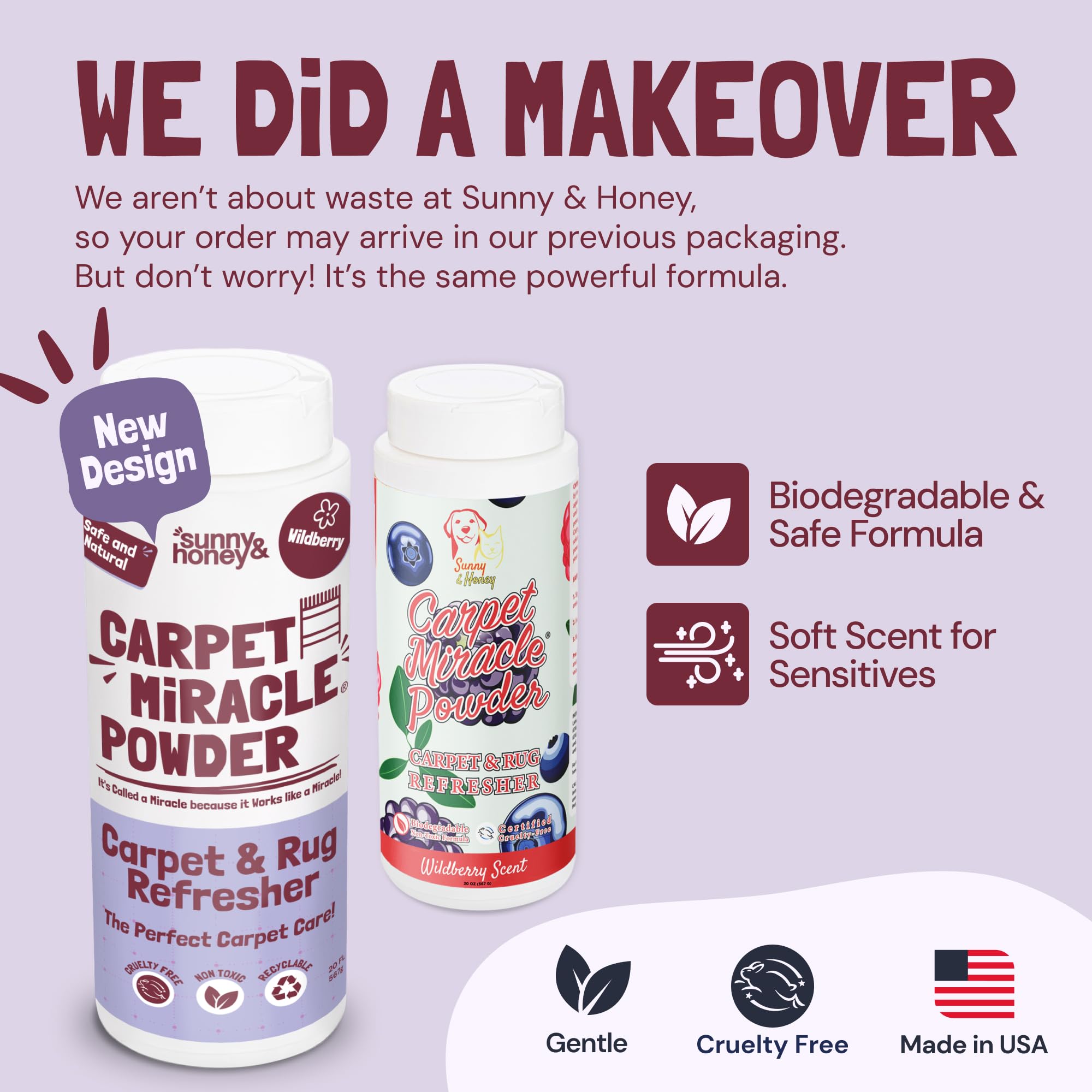 Sunny & Honey Carpet Miracle Powder - Dry Cleaner, Freshener & Deodorizer Powder for Kids & Pets (Wildberry Scent) - Carpet Cleaner & Upholstery Deodorizer
