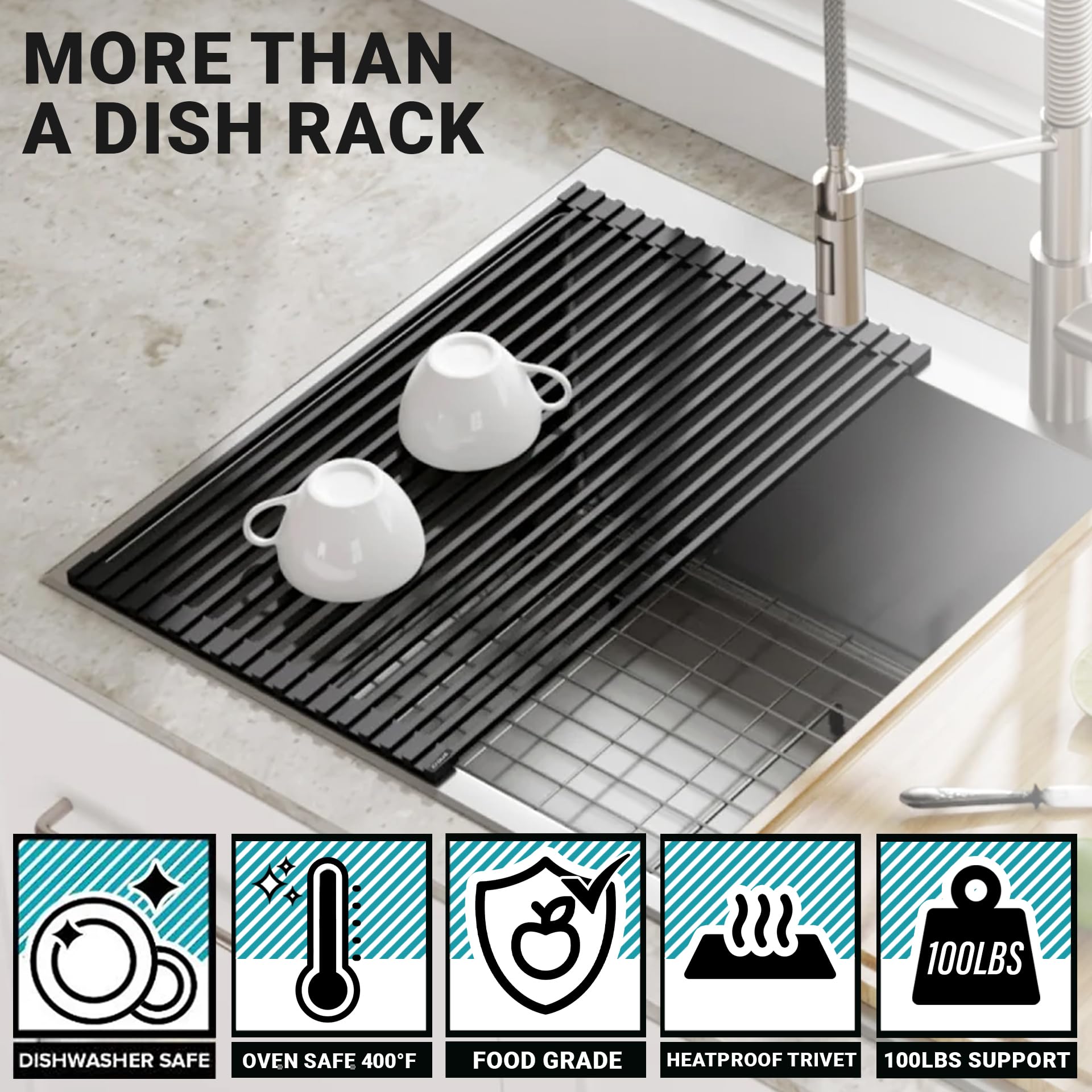 TRUSTAINLESS Combo Pack - Premium Multipurpose Black Silicone Extra Large 21 Inch Rolling Sink Rack and Drying Mat. Multipurpose Kitchen Accessory and Trivet