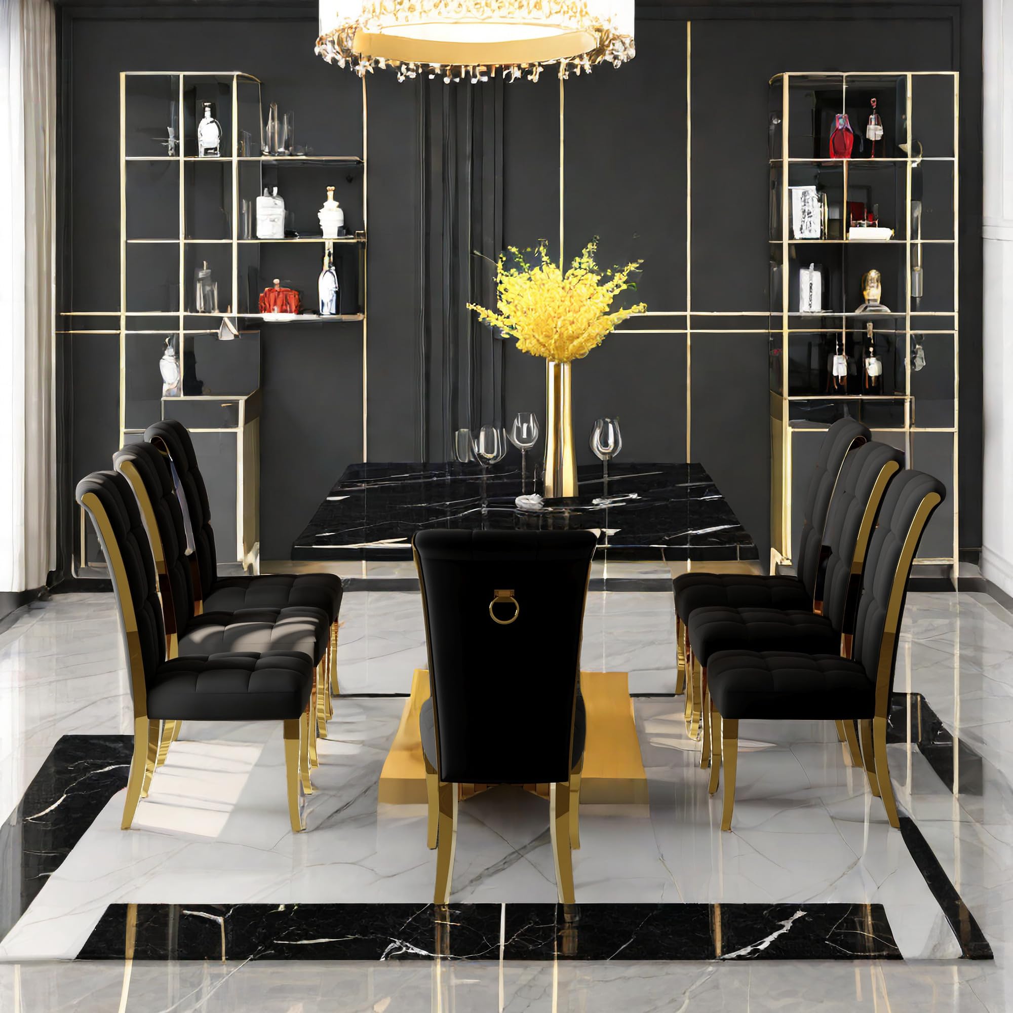 Asday Black and Gold Dining Chairs Set of 4, Black Velevt Upholstered Kitchen Chair with Metal Ring Pull, High Back Dining Chairs with Gold Stainless Steel Legs