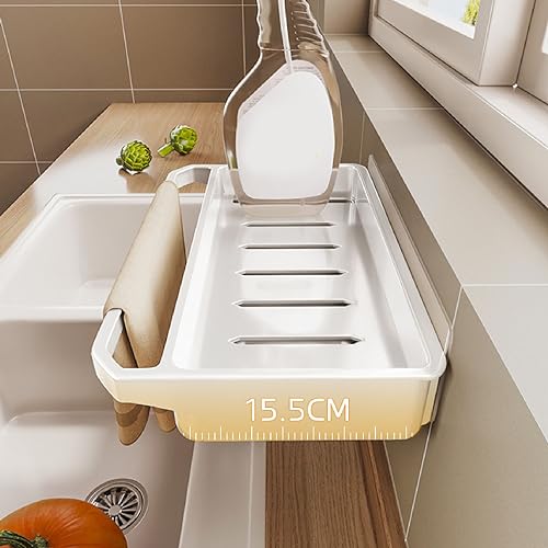 ZYLLZY Kitchen Storage Drain Rack, Kitchen Storage Drain Rack with 2 Hanging Hook No Punching Rag Washing Cloth Faucet Wall Mounted Holder, Faucet Sponge Holder Kitchen Sink Caddy Organizer (White)