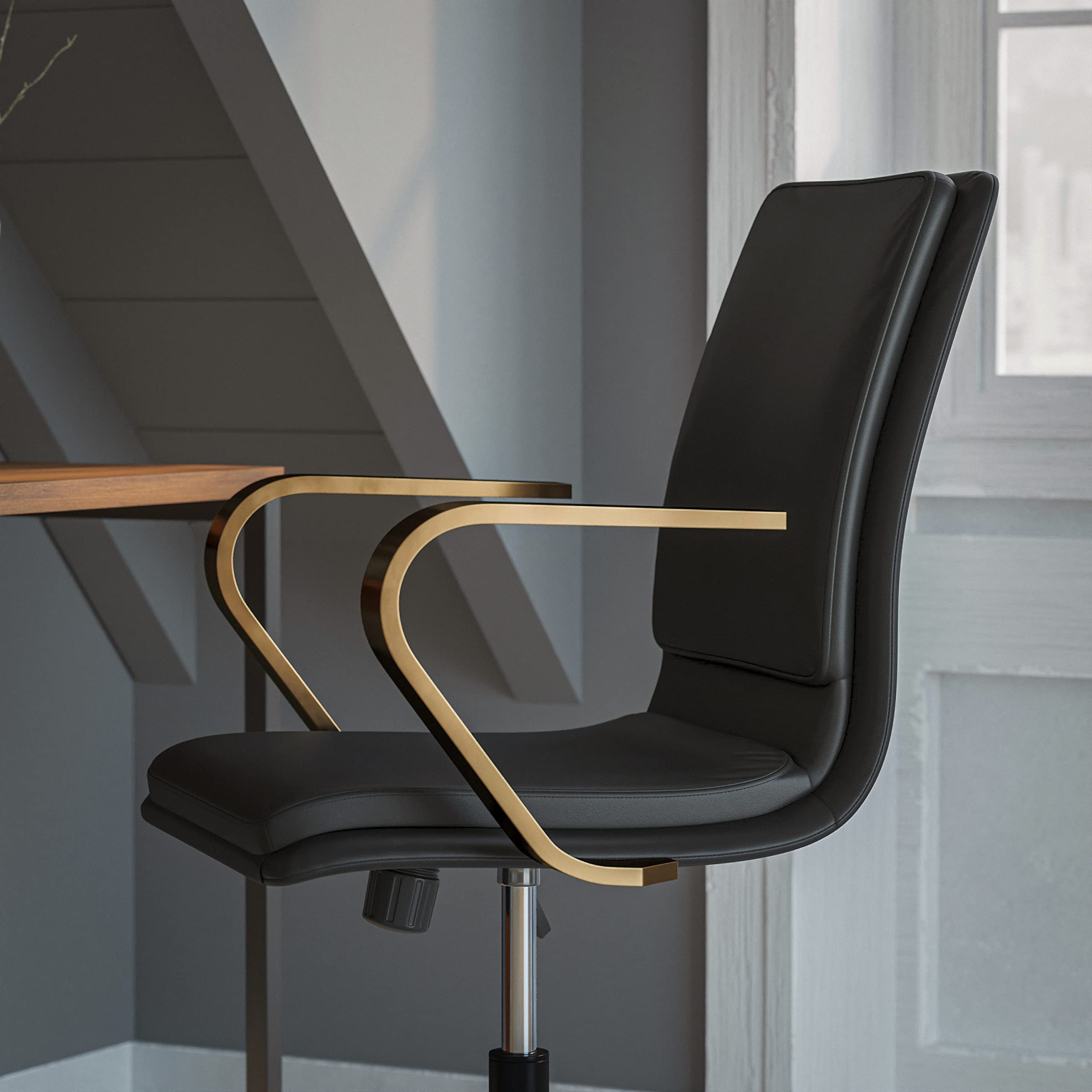 BizChair Mid-Back Designer Executive Office Chair - Black LeatherSoft Upholstery - Brushed Gold Base and Arms - Height Adjustable 360° Swivel Seat