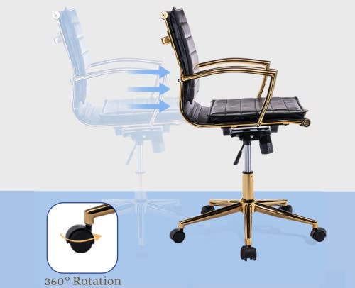 EALSON Modern Leather Desk Chair Ergonomic Office Chair with Wheels and Arms Gold Base Comfortable Computer Task Chair Adjustable Swivel Executive Chair for Home Office, Black
