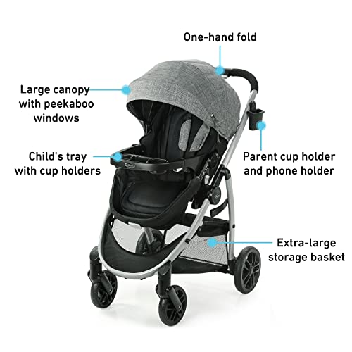 Graco Modes Pramette Travel System, Includes Baby Stroller with True Pram Mode, Reversible Seat, One Hand Fold, Extra Storage, Child Tray and SnugRide 35 Infant Car Seat, Ellington