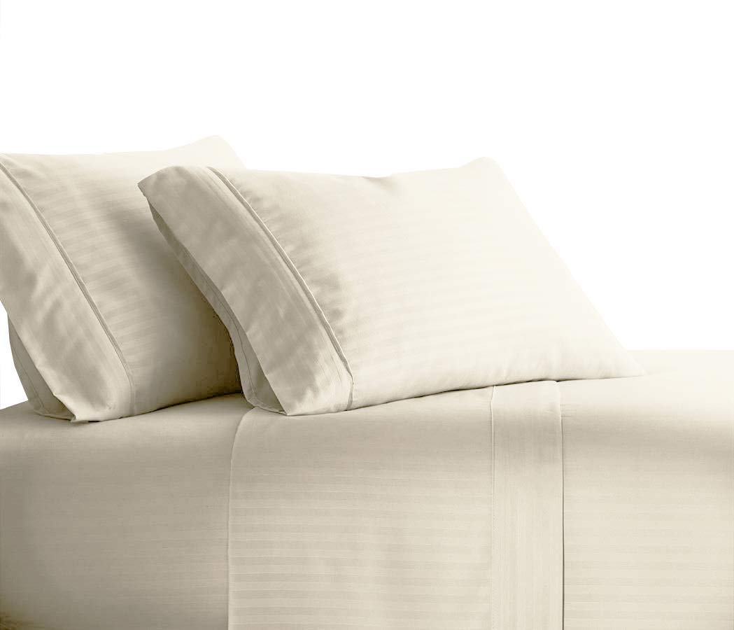 Royal Tradition Striped 300 Thread Count, 100 Percent Cotton 4PC Queen Bed Sheets Set with Deep Pockets, Ivory