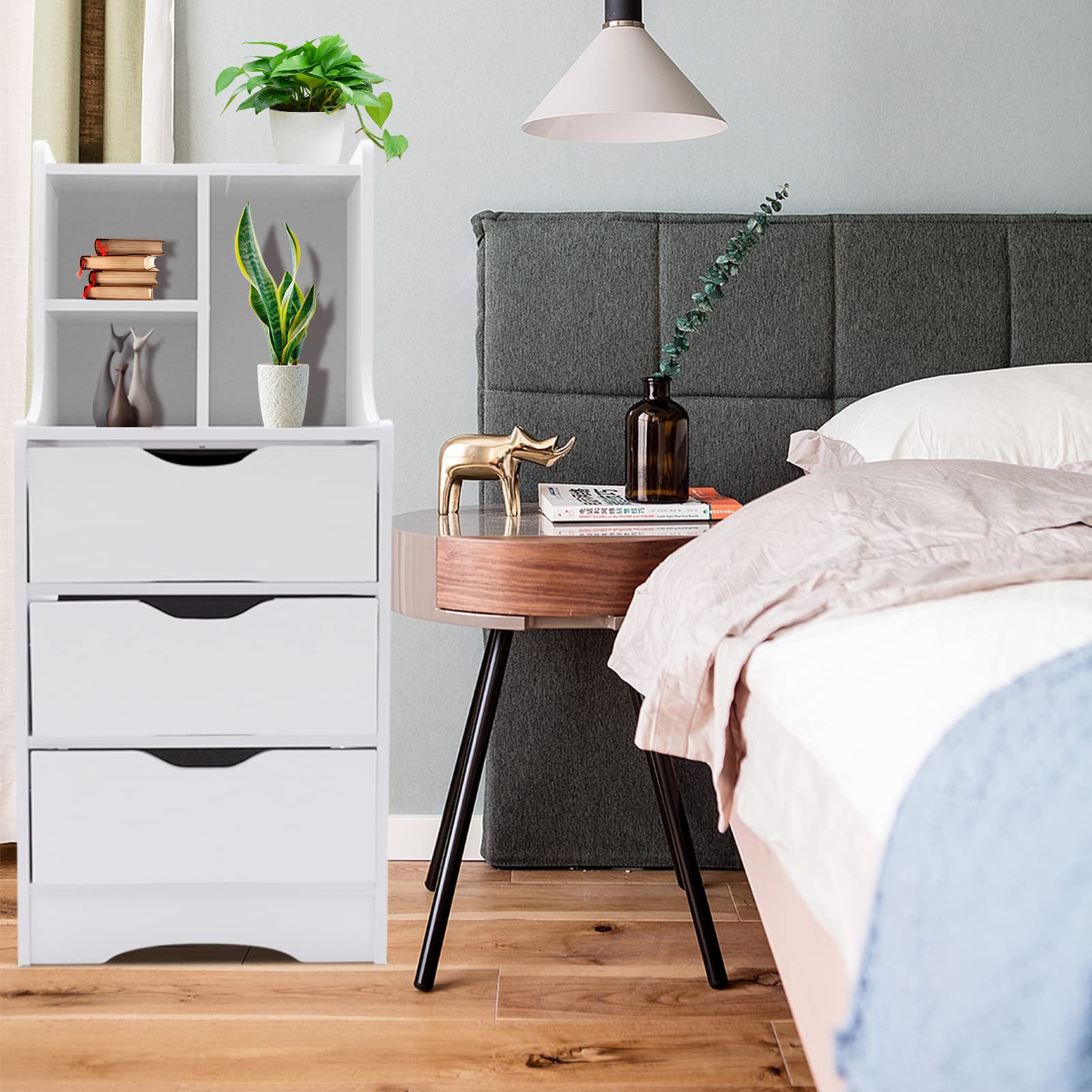 CNCEST 3 Layers of Drawers Nightstand Organizer Nightstand with Kitchen Cabinet and Storage Drawers for Scene: Bedroom, Living Room, Office, White