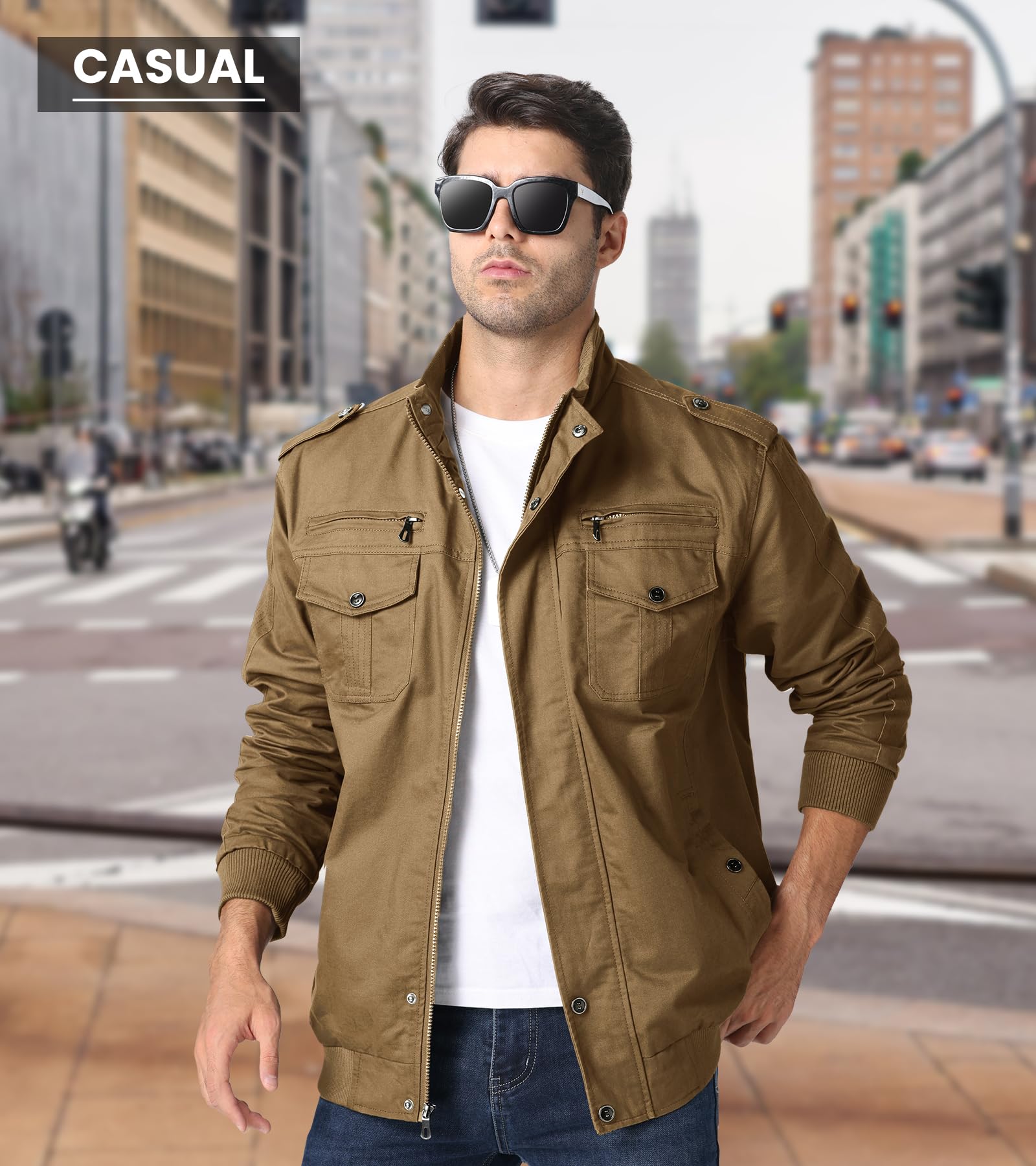 EKLENTSON Mens Cargo Jackets Men Military Windbreaker Cotton Jacket Mens Winter Bomber Jacket Khaki 2XL