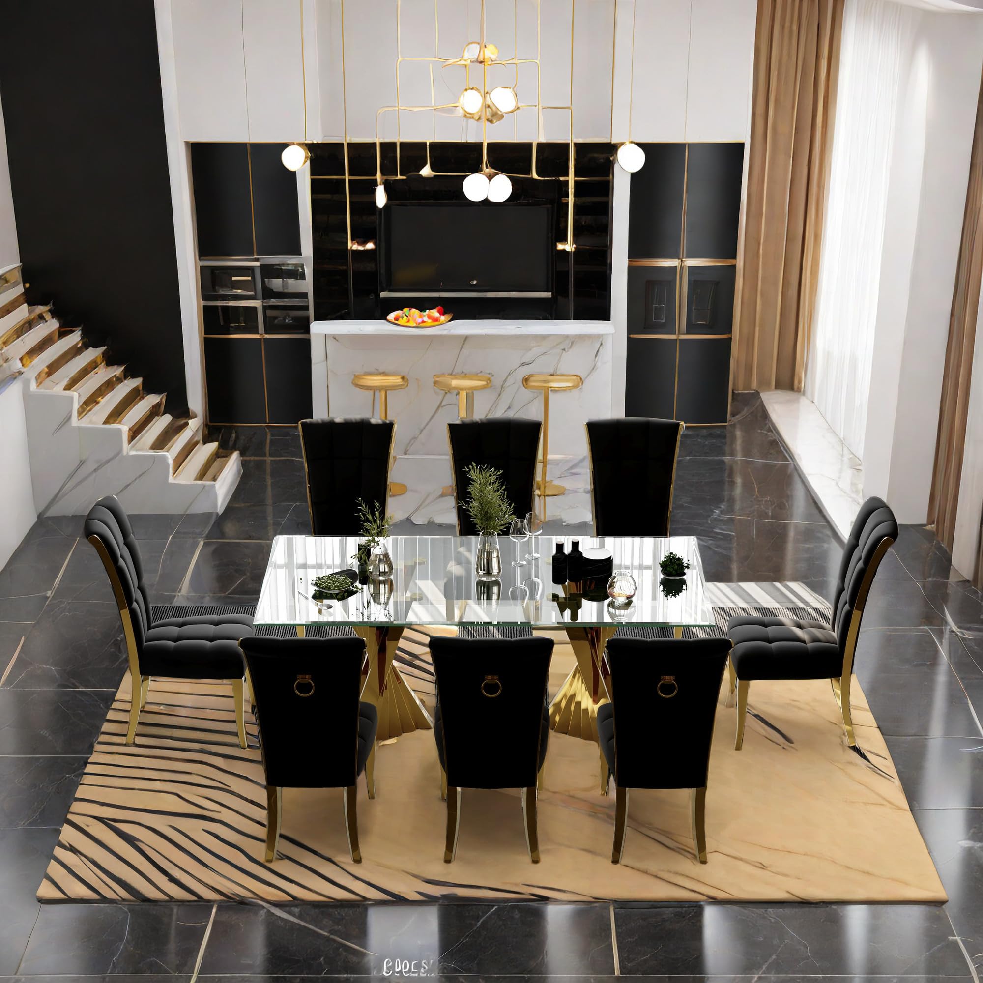 Asday Black and Gold Dining Chairs Set of 4, Black Velevt Upholstered Kitchen Chair with Metal Ring Pull, High Back Dining Chairs with Gold Stainless Steel Legs