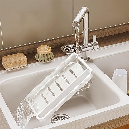ZYLLZY Kitchen Storage Drain Rack, Kitchen Storage Drain Rack with 2 Hanging Hook No Punching Rag Washing Cloth Faucet Wall Mounted Holder, Faucet Sponge Holder Kitchen Sink Caddy Organizer (White)