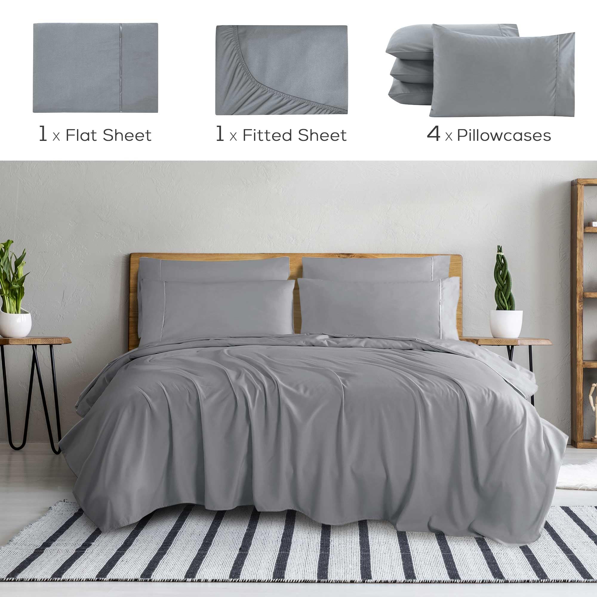 Mueller Ultratemp Bed Sheets Set, Super Soft 1800, 6 Piece California King Sheet Sets, Deep Pocket up to 16", Transfers Heat, Breathes Better, Hypoallergenic, Wrinkle-Resistant, Oeko-TEX, Light Grey