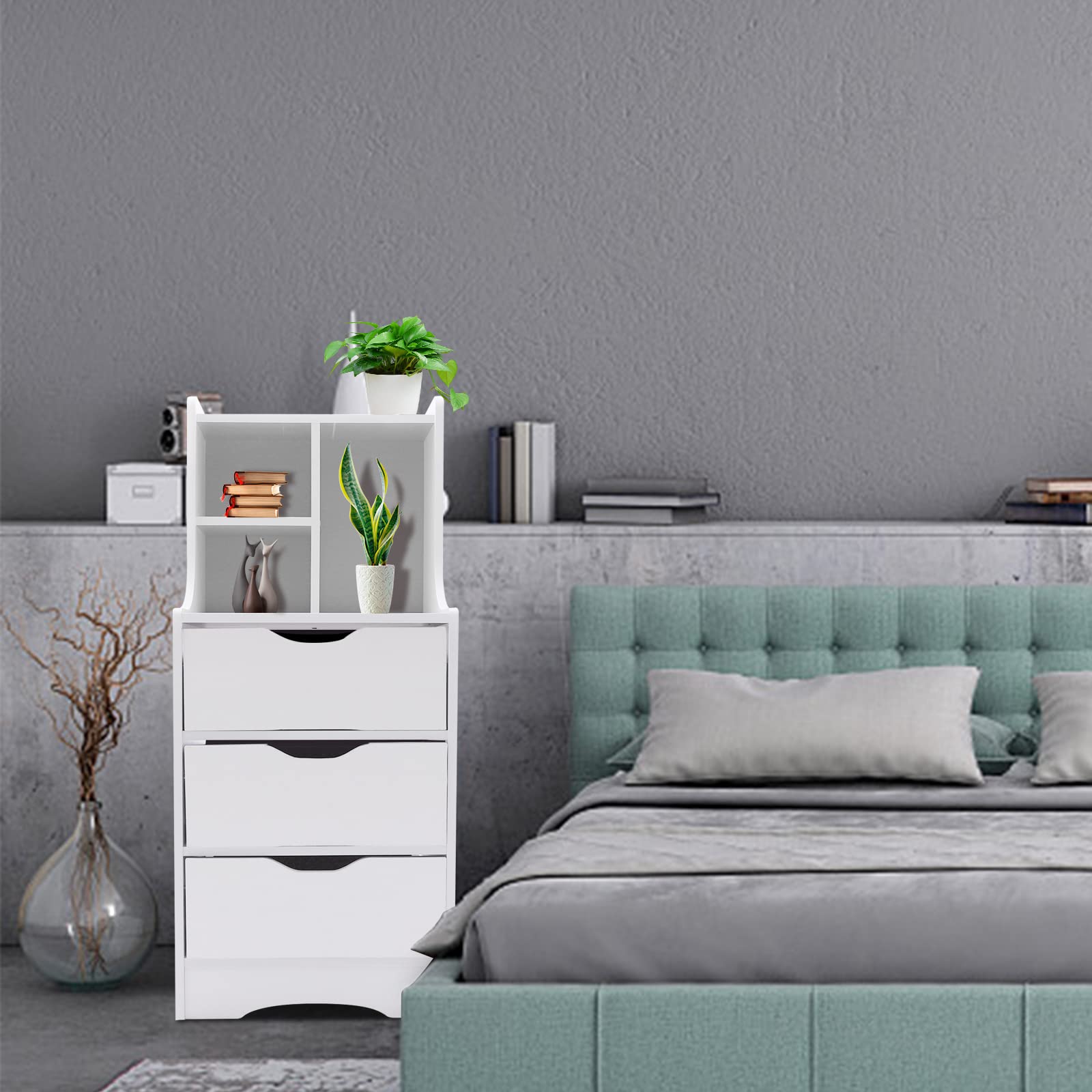 CNCEST 3 Layers of Drawers Nightstand Organizer Nightstand with Kitchen Cabinet and Storage Drawers for Scene: Bedroom, Living Room, Office, White