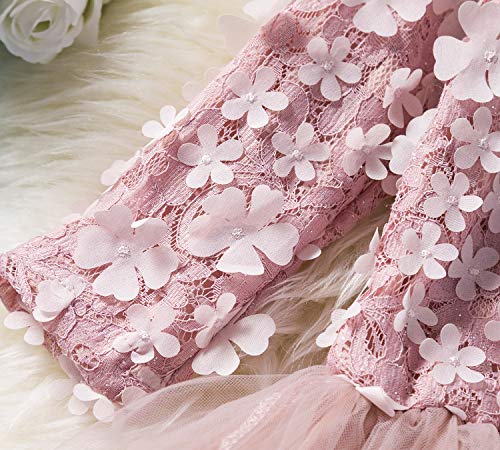 TTYAOVO Girls Long Sleeve Lace 3D Flowers Tulle Layered Princess Party Dresses Size(120) 3-4 Years Pink