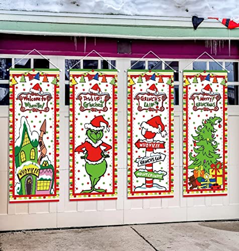 Grinch Christmas Decorations 4PCS Welcome To Whoville Vinyl Poster Door Covers Backdrop Merry Grinchmas Wall Art Hanging Banner for New Year Indoor Outside Garage Door