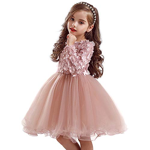 TTYAOVO Girls Long Sleeve Lace 3D Flowers Tulle Layered Princess Party Dresses Size(120) 3-4 Years Pink