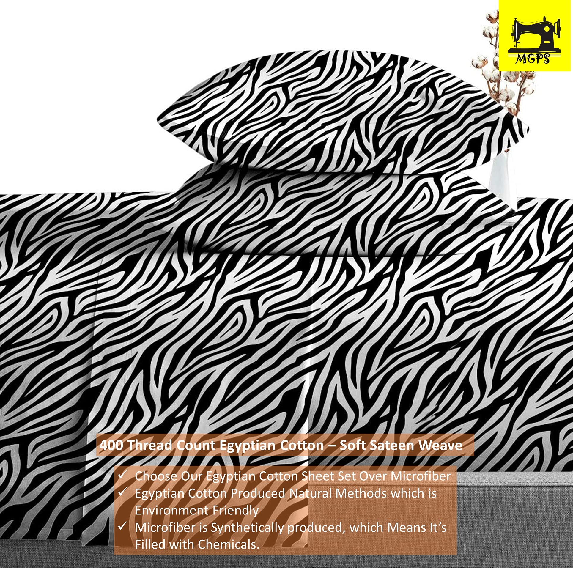 Split King Sheets Sets for Adjustable Bed, Soft Sateen Weave, 400-Thread-Count 100% Egyptian Cotton 5PC Set with 2 Fitted Sheets, Split-King Sheet Set 15-Inch Deep Pockets, 400-TC - |Zebra Print|
