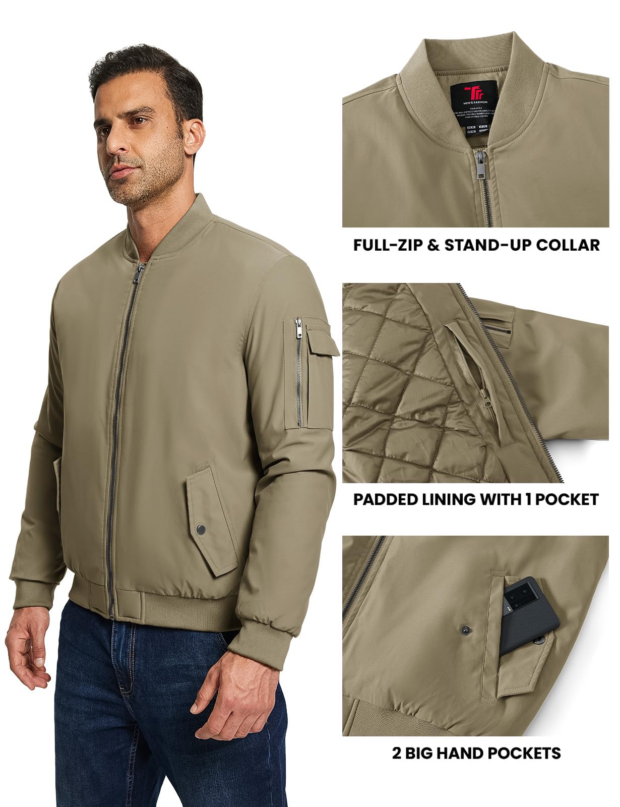 TBMPOY Men's Bomber Jacket Lightweight Winter Windbreaker Zip Up Padded Softshell Windproof Water-Resistant Casual Fall Coat Khaki L