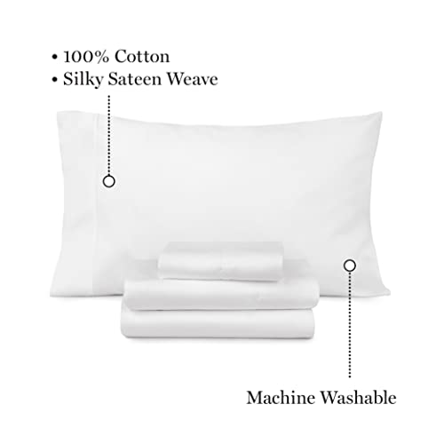 MARTHA STEWART 100% Cotton Queen Sheet Set - 4 Piece, Soft, Smooth, Durable, Easy Care, 16" Deep Pocket Sheets, Bedding Sheets, Sateen Sheet, 1 Flat, 1 Fitted, 2 Pillowcases, White