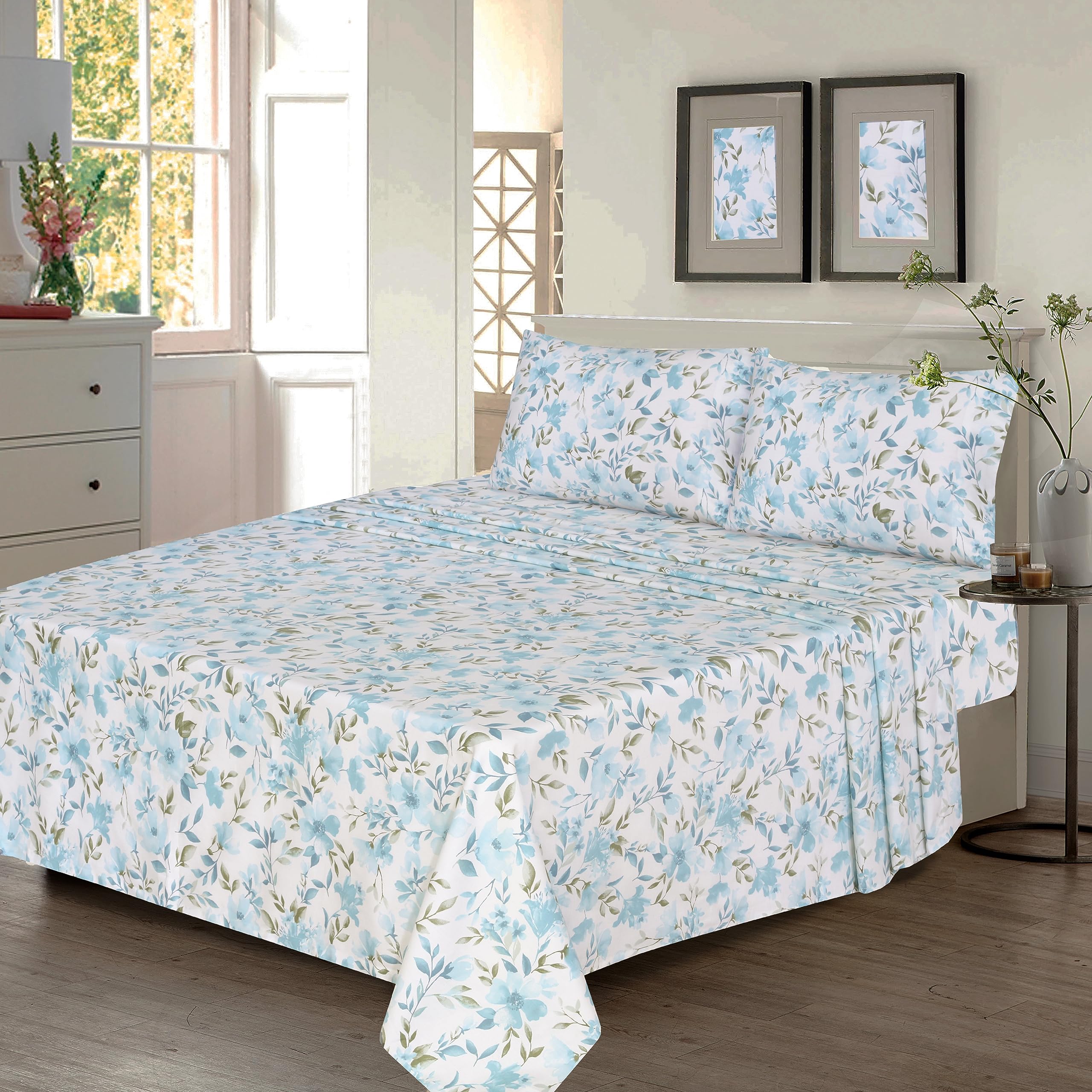 RUVANTI 100% Cotton Sheets for Queen Size Bed - Cooling Sateen Sheets - Breathable & Durable Queen Sheet Set - 16 Inches Deep Pocket Queen Size Sheets - Erica Floral - 4 Pieces