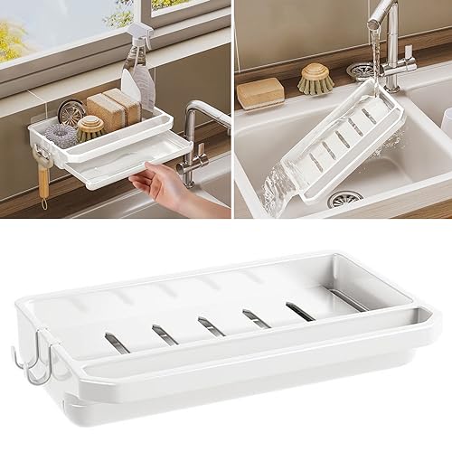 ZYLLZY Kitchen Storage Drain Rack, Kitchen Storage Drain Rack with 2 Hanging Hook No Punching Rag Washing Cloth Faucet Wall Mounted Holder, Faucet Sponge Holder Kitchen Sink Caddy Organizer (White)