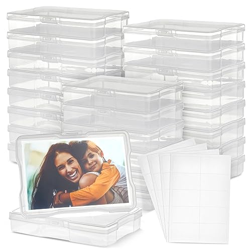 Bright Creations 24 Photo Storage Boxes for 4x6 Pictures - Photo Organizer Containers with 40 Blank Labels - Clear, 64 Total Pieces - Picture Storage Containers