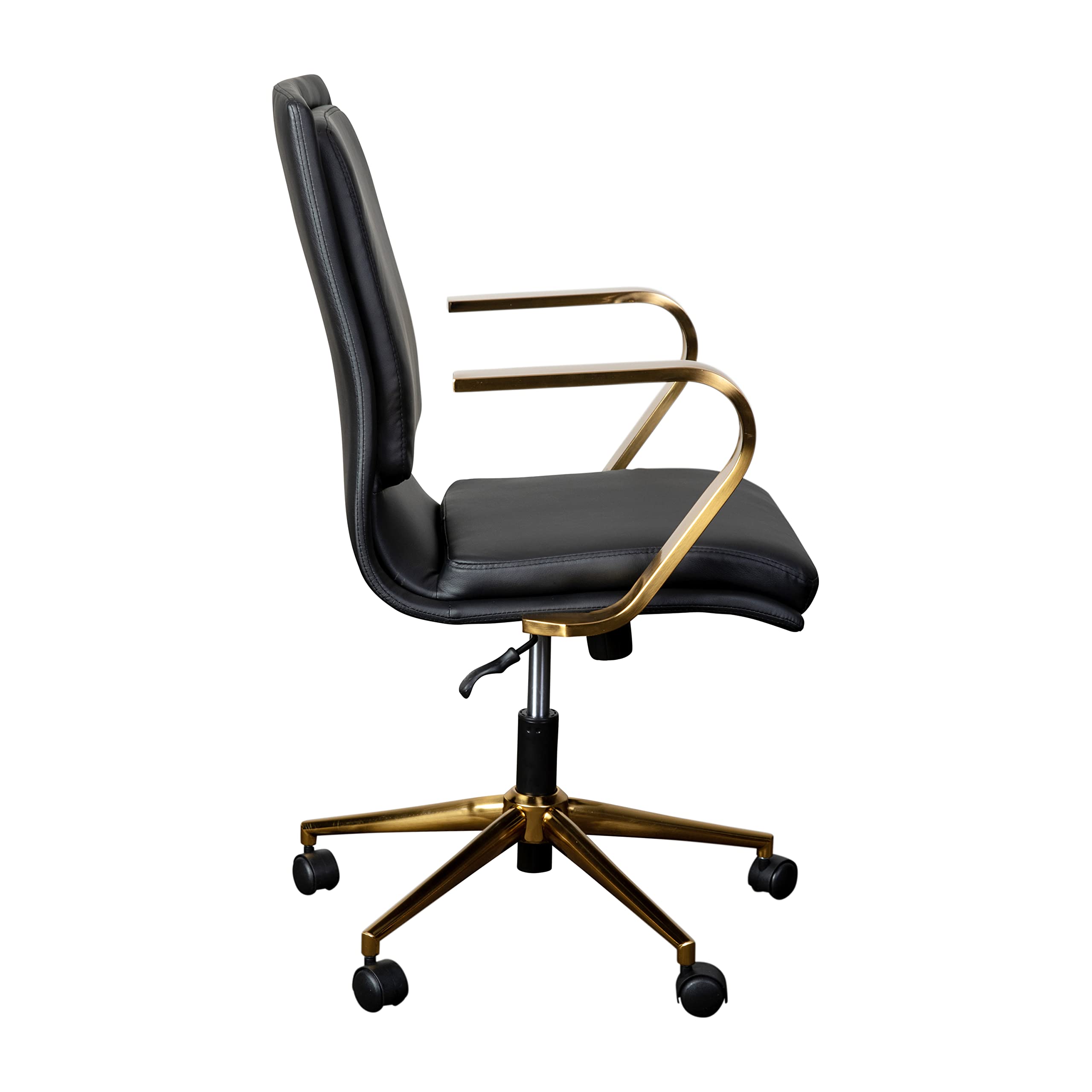 BizChair Mid-Back Designer Executive Office Chair - Black LeatherSoft Upholstery - Brushed Gold Base and Arms - Height Adjustable 360° Swivel Seat