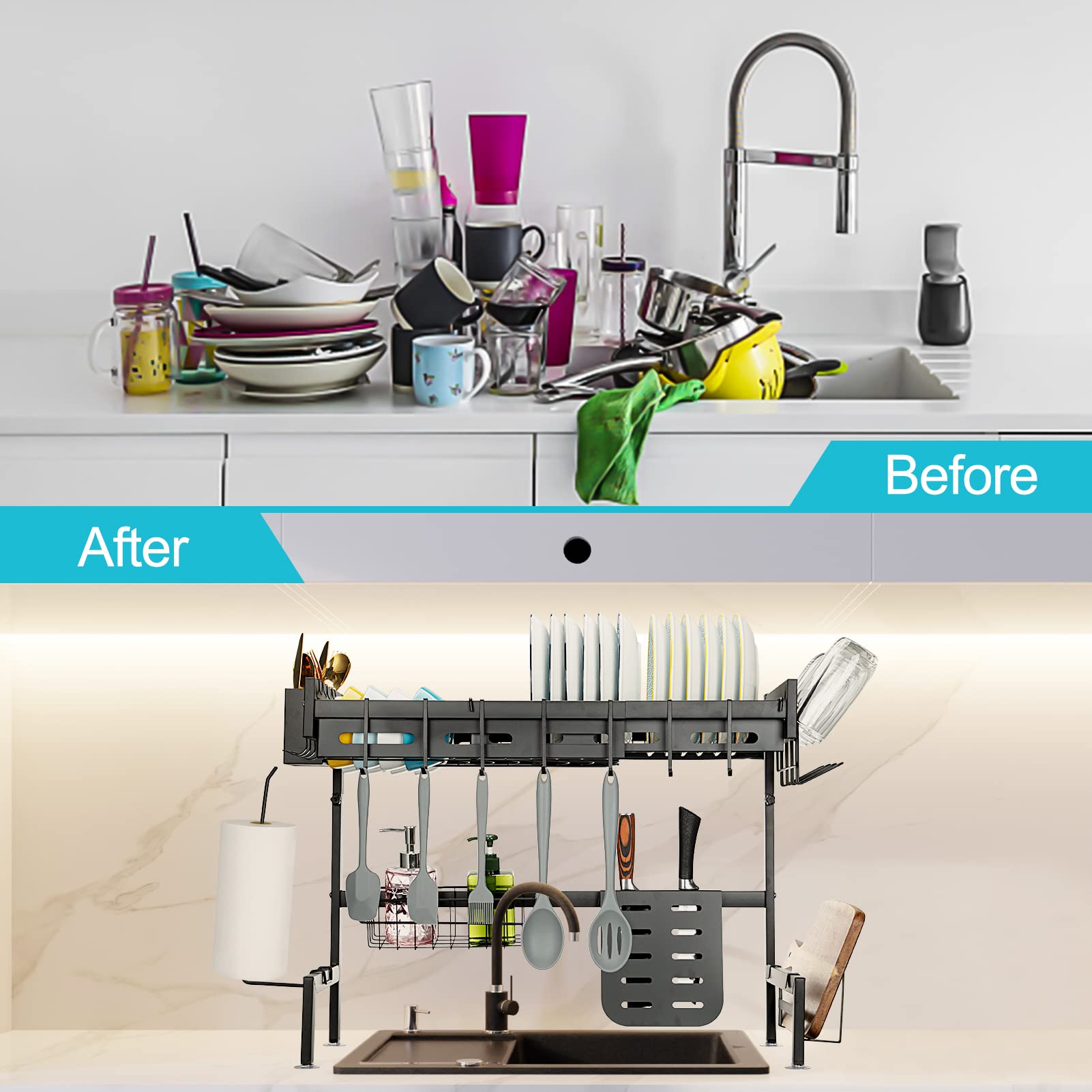 G Model Draining Rack for Sink, Sturdy and Durable Stainless Steel, Retractable Draining Rack with Baked Enamel Coating for Storage Kitchen Counter Organization(Black)