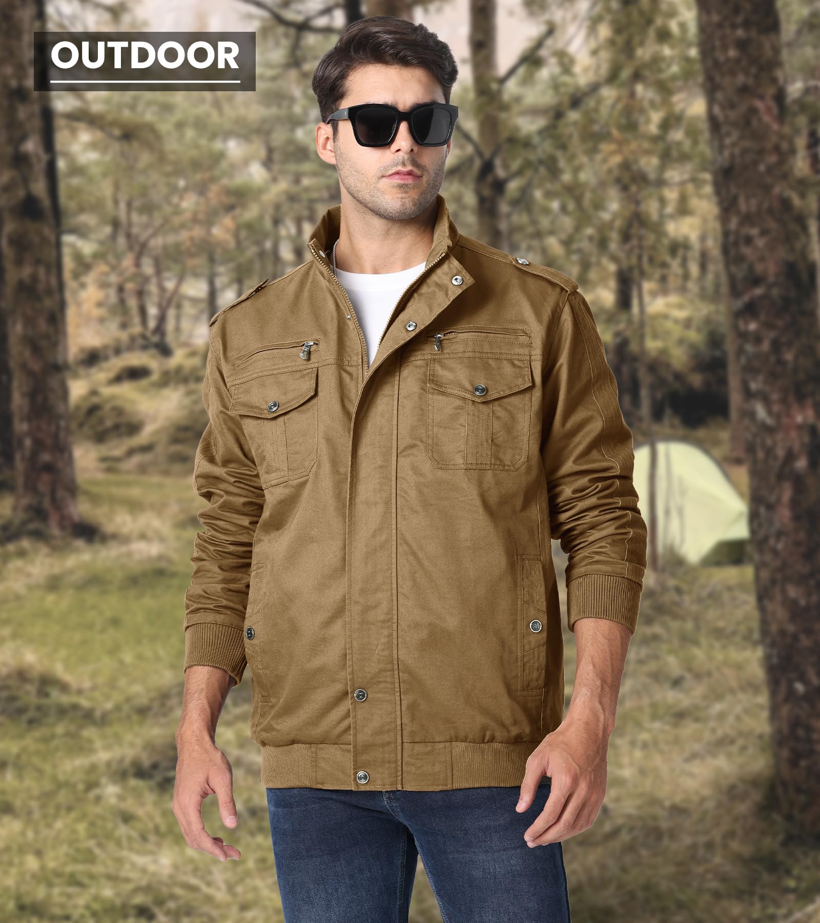 EKLENTSON Mens Cargo Jackets Men Military Windbreaker Cotton Jacket Mens Winter Bomber Jacket Khaki 2XL