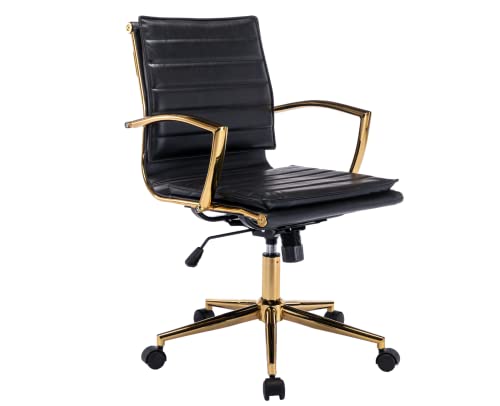 EALSON Modern Leather Desk Chair Ergonomic Office Chair with Wheels and Arms Gold Base Comfortable Computer Task Chair Adjustable Swivel Executive Chair for Home Office, Black