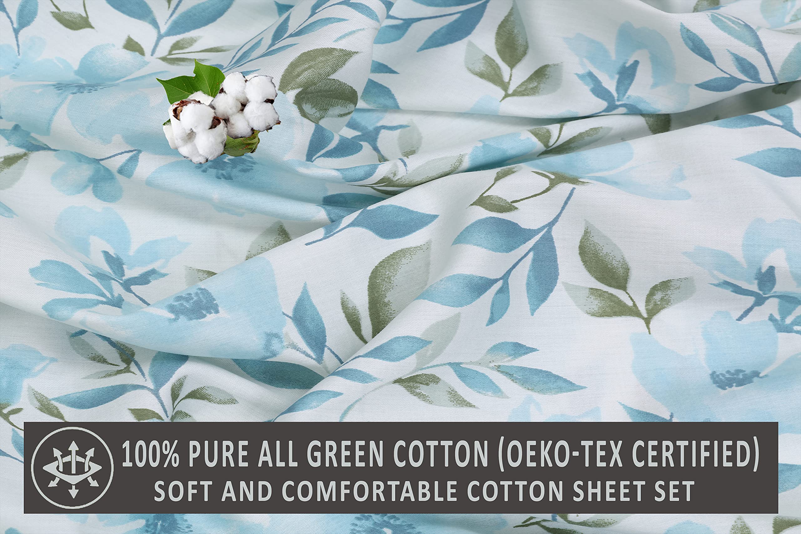 RUVANTI 100% Cotton Sheets for Queen Size Bed - Cooling Sateen Sheets - Breathable & Durable Queen Sheet Set - 16 Inches Deep Pocket Queen Size Sheets - Erica Floral - 4 Pieces