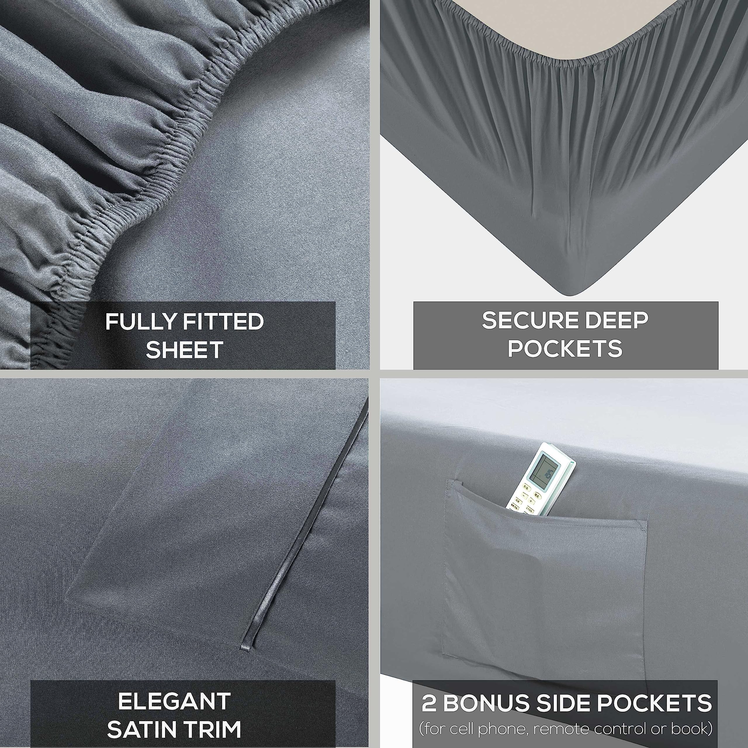 Mueller Ultratemp Bed Sheets Set, Super Soft 1800, 6 Piece California King Sheet Sets, Deep Pocket up to 16", Transfers Heat, Breathes Better, Hypoallergenic, Wrinkle-Resistant, Oeko-TEX, Light Grey