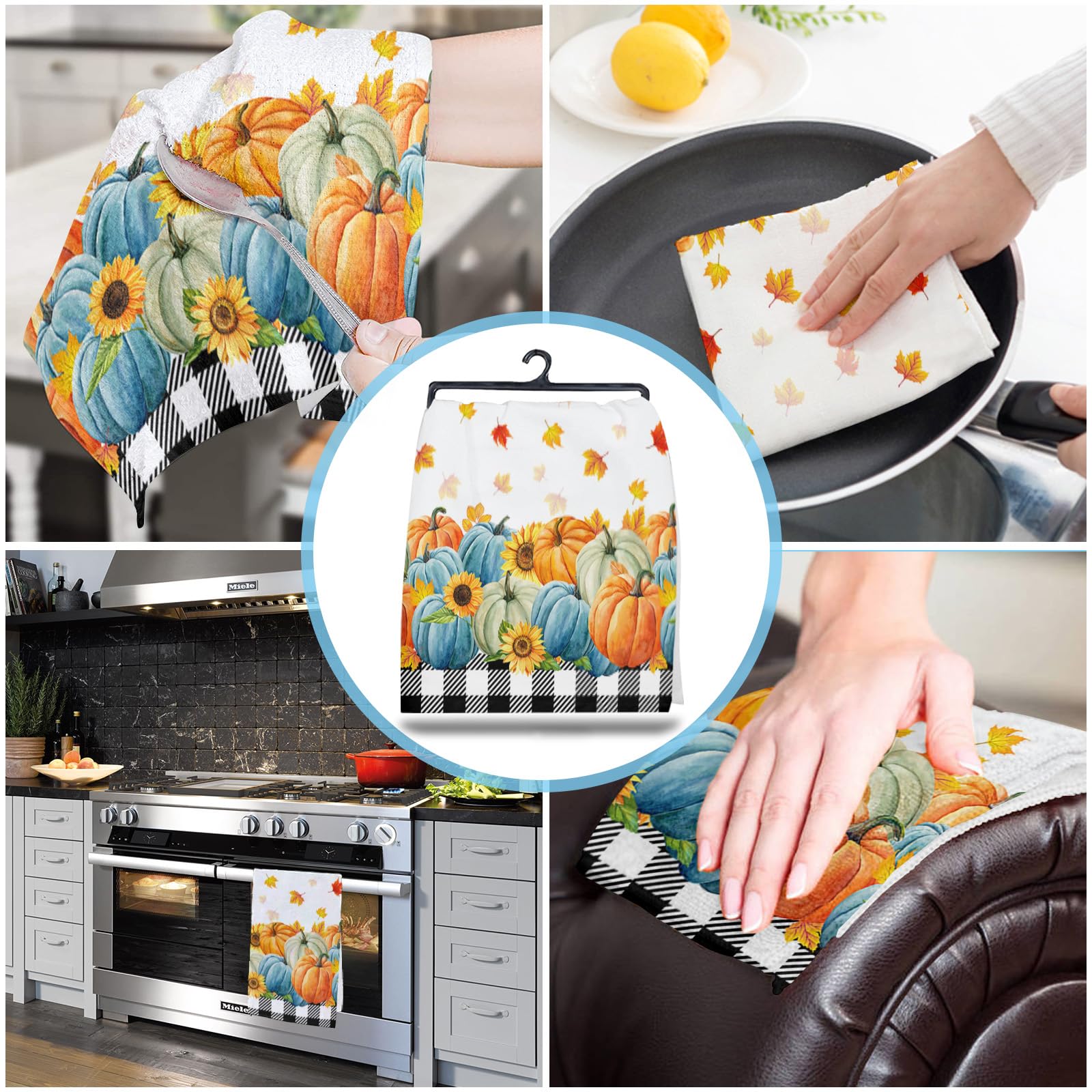 ZOE GARDEN Autumn Pumpkin Kitchen Towels,Absorbent Microfiber Kitchen Dish Hand Tea Bath Towel,Quick Dry Cleaning Cloth Dishclothes Decorative Sets, Thanksgiving Fall Plaid Leaves (1-PC, 18x28)