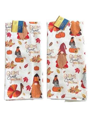Greenbrier International, Inc. Set of 2 Gather Happy Fall Autumn Gnome Sweet Gnome Happy Thanksgiving Turkey Dogs Foliage Pumpkins Kitchen Towels Dish Towels Hand Towels Decorative Towels
