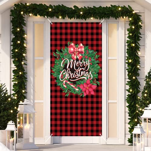 Christmas Welcome Door Cover Buffalo Check Plaid Christmas Door Decorations XMAS Backdrop Background Photography Hanging Decorations for House Door Bathroom Winter Party Holiday Xmas Eve Indoor and Outdoor