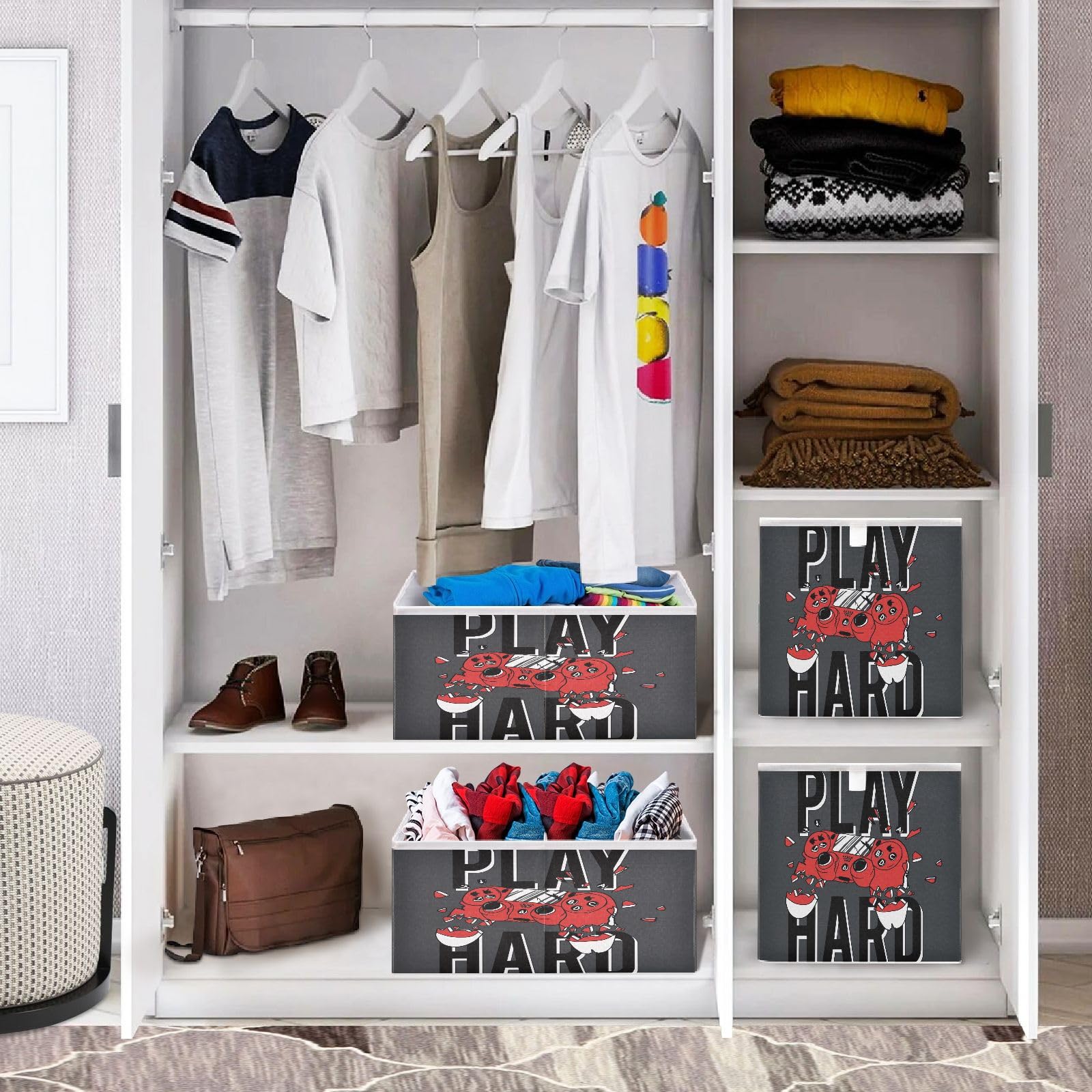 QUGRL Play Hard Game Storage Bins Organizer Broken Joystick Console Foldable Clothes Storage Basket Box for Shelves Closet Cabinet Office Dorm Bedroom 15.75 x 10.63 x 6.96 in