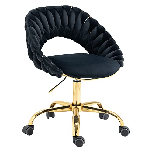 NIOIIKIT Swivel Velvet Home Office Chair, Upholstered Desk Chair, Modern Accent Armchair, Tufted Computer Task Stools with Gold Base for Girls, Women, Study, Living Room (Black)