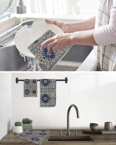 Onekaccu Geometric Abstract Floral Dish Towels Set, Waffle Weave Kitchen Towels Microfiber Towels Cleaning Western Native Tribal Soft Absorbent Dish Drying Towels Hand Towels 2 Pack 15.7x23.6 in