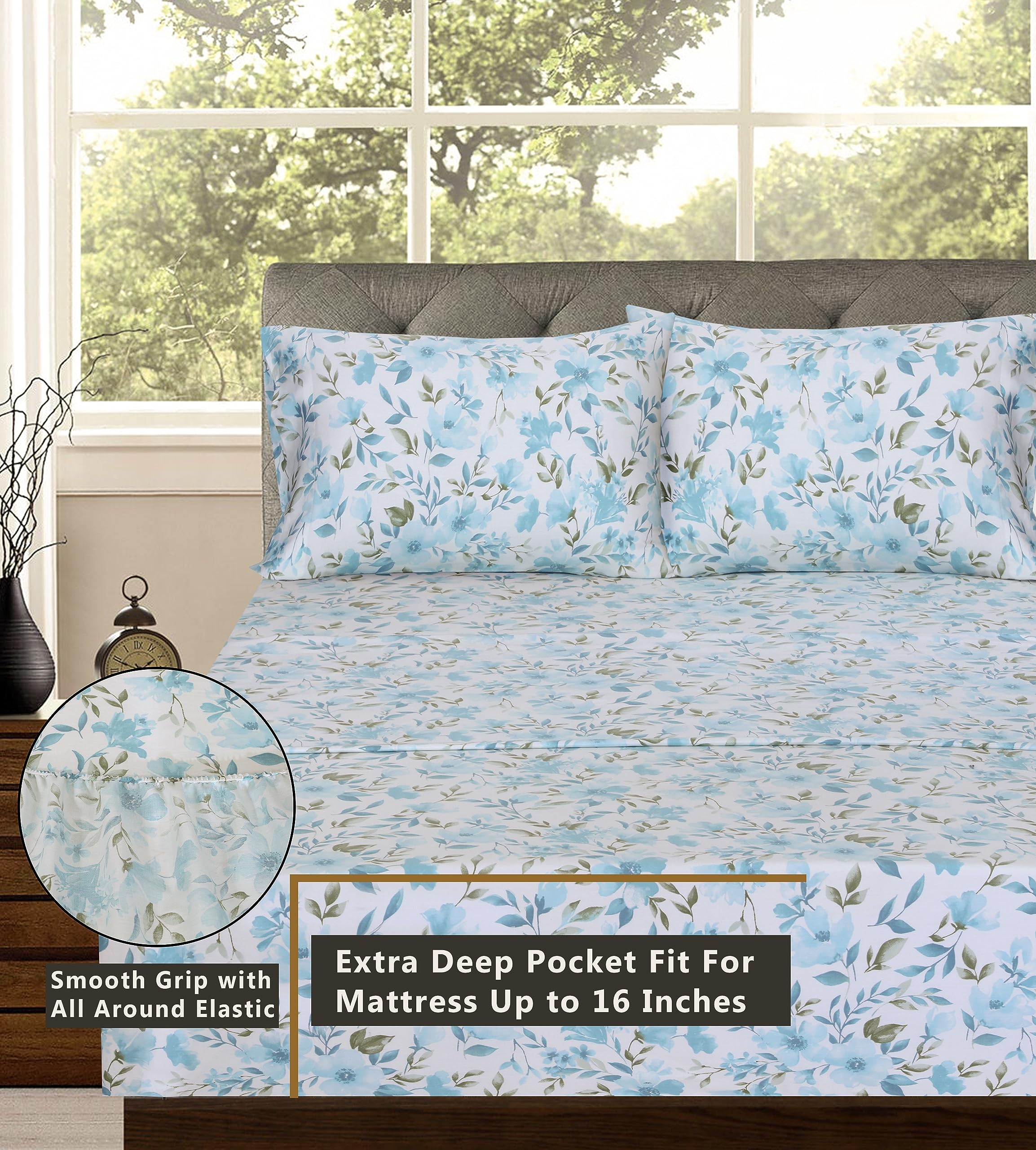 RUVANTI 100% Cotton Sheets for Queen Size Bed - Cooling Sateen Sheets - Breathable & Durable Queen Sheet Set - 16 Inches Deep Pocket Queen Size Sheets - Erica Floral - 4 Pieces