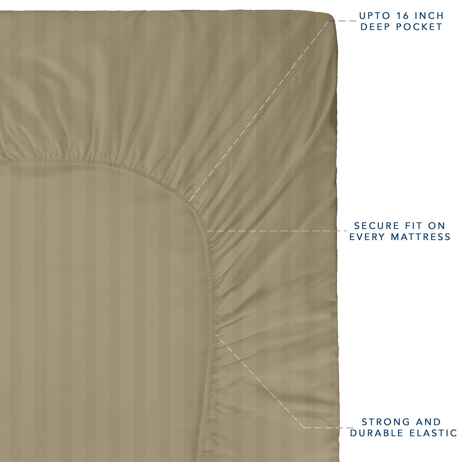 Sunday Home 400 Thread Count 100% Cotton Sheets Damask Stripe Khaki Queen Sheets Set 4 Piece - Ultra Soft Long Staple Sateen Weave Luxury Bed Sheet Set with 16" Deep Pockets - Oeko Tex Certified
