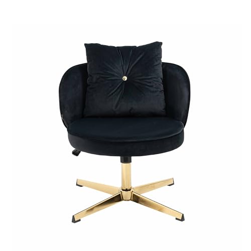 MOONMISS Swivel Office Desk Chair - Ergonomic Comfy Desk Chairs with Pillow, Adjustable Velvet Vanity Chair for Study, Office, Make-up, Black-Gold Legs