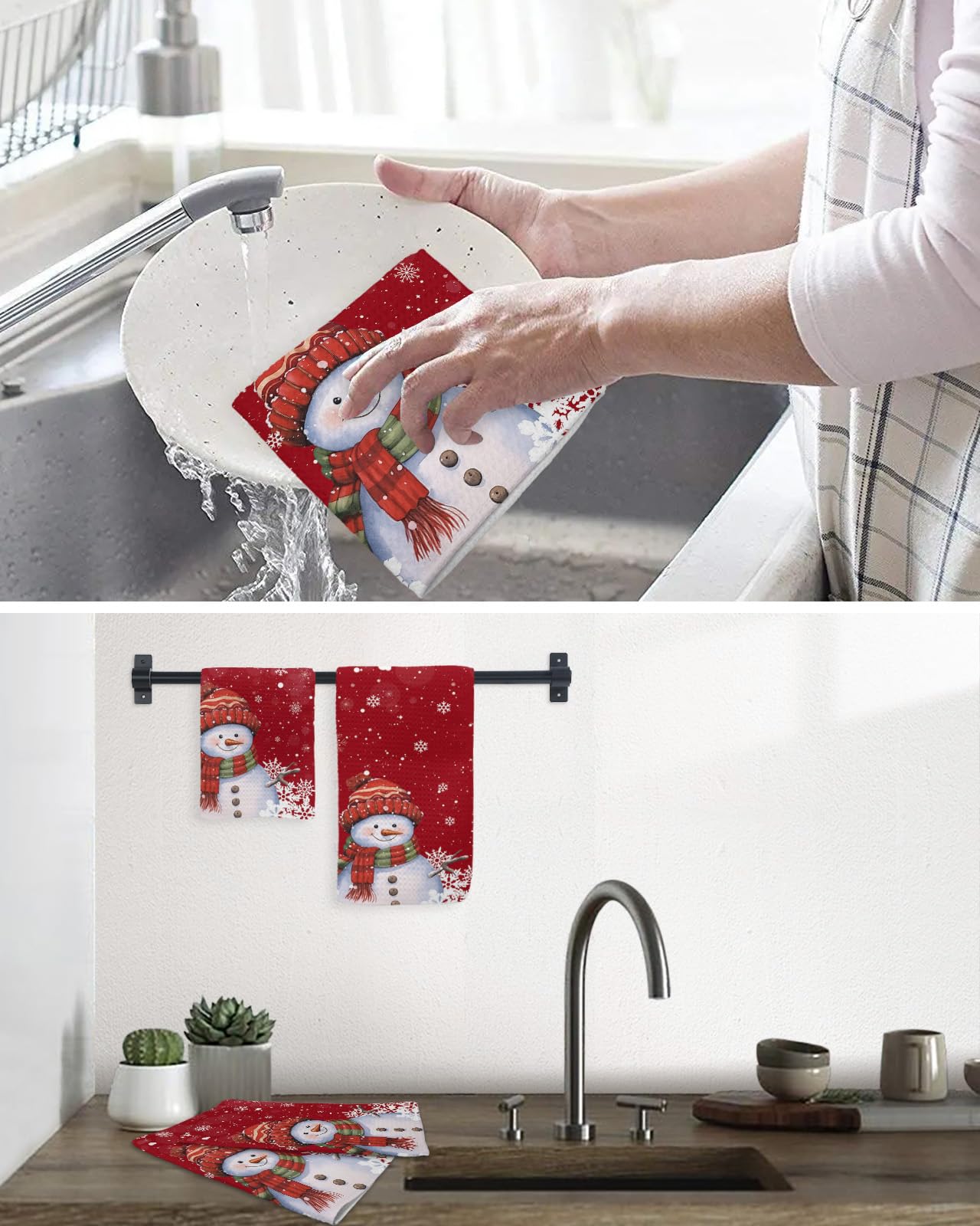 Onekaccu Winter Snowman Christmas Dish Towels Set, Waffle Weave Kitchen Towels Microfiber Towels Cleaning Red Christmas Snowflake Xmas Soft Absorbent Dish Drying Towels Hand Towels 2 Pack 12x12 in