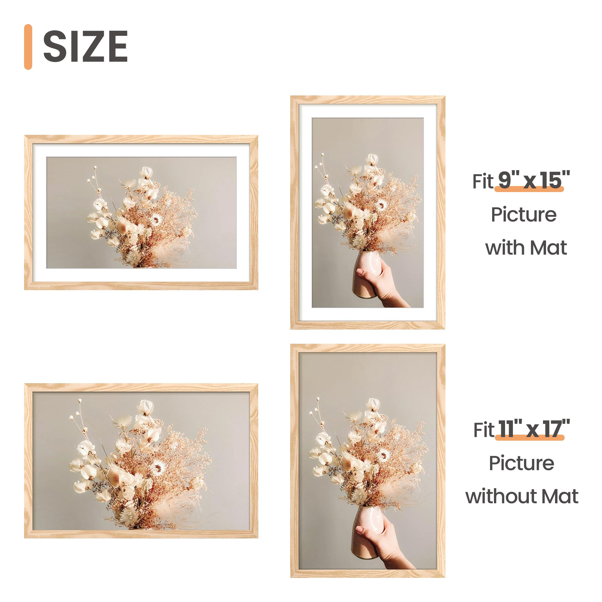 upsimples 11x17 Picture Frame Set of 5, Display Pictures 9x15 with Mat or 11x17 Without Mat, Wall Gallery Photo Frames, Natural