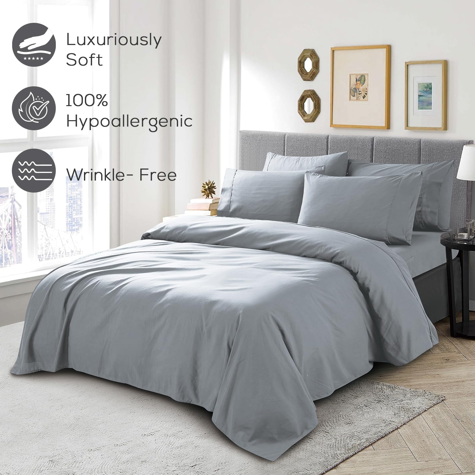 Mueller Ultratemp Bed Sheets Set, Super Soft 1800, 6 Piece California King Sheet Sets, Deep Pocket up to 16", Transfers Heat, Breathes Better, Hypoallergenic, Wrinkle-Resistant, Oeko-TEX, Light Grey